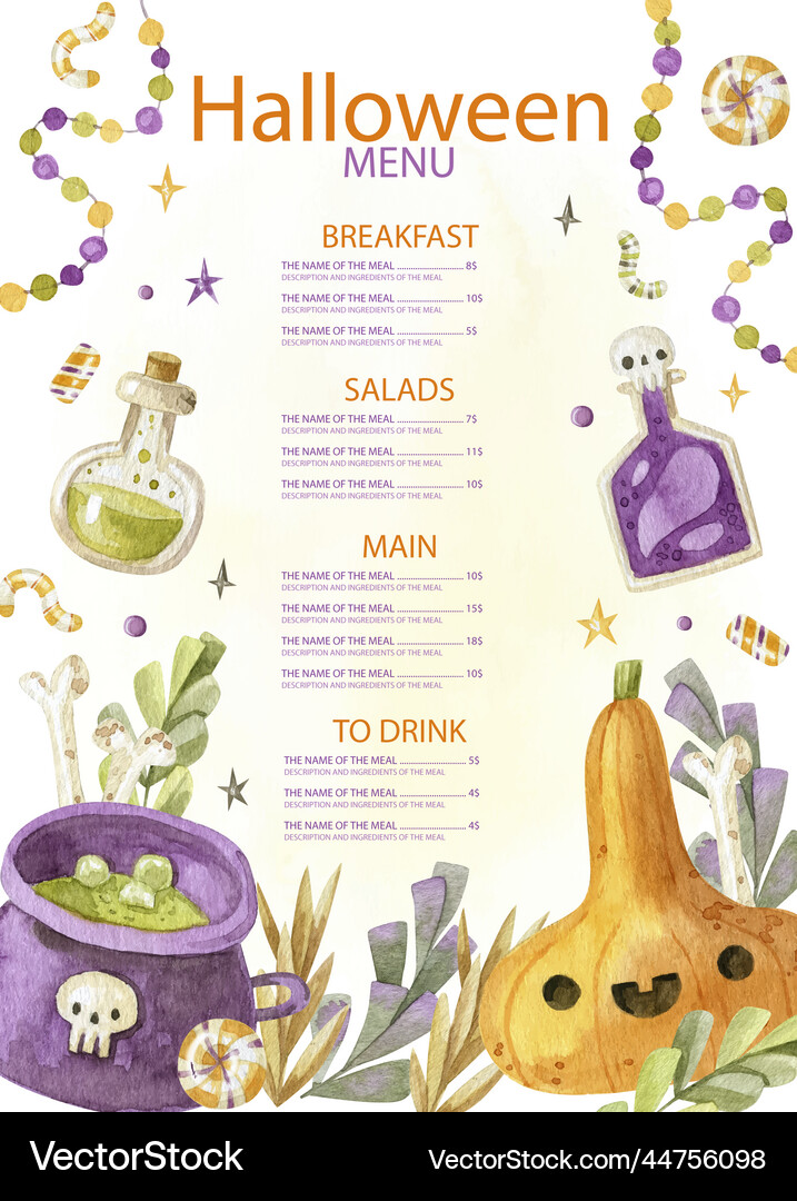 Watercolor halloween menu template design Vector Image