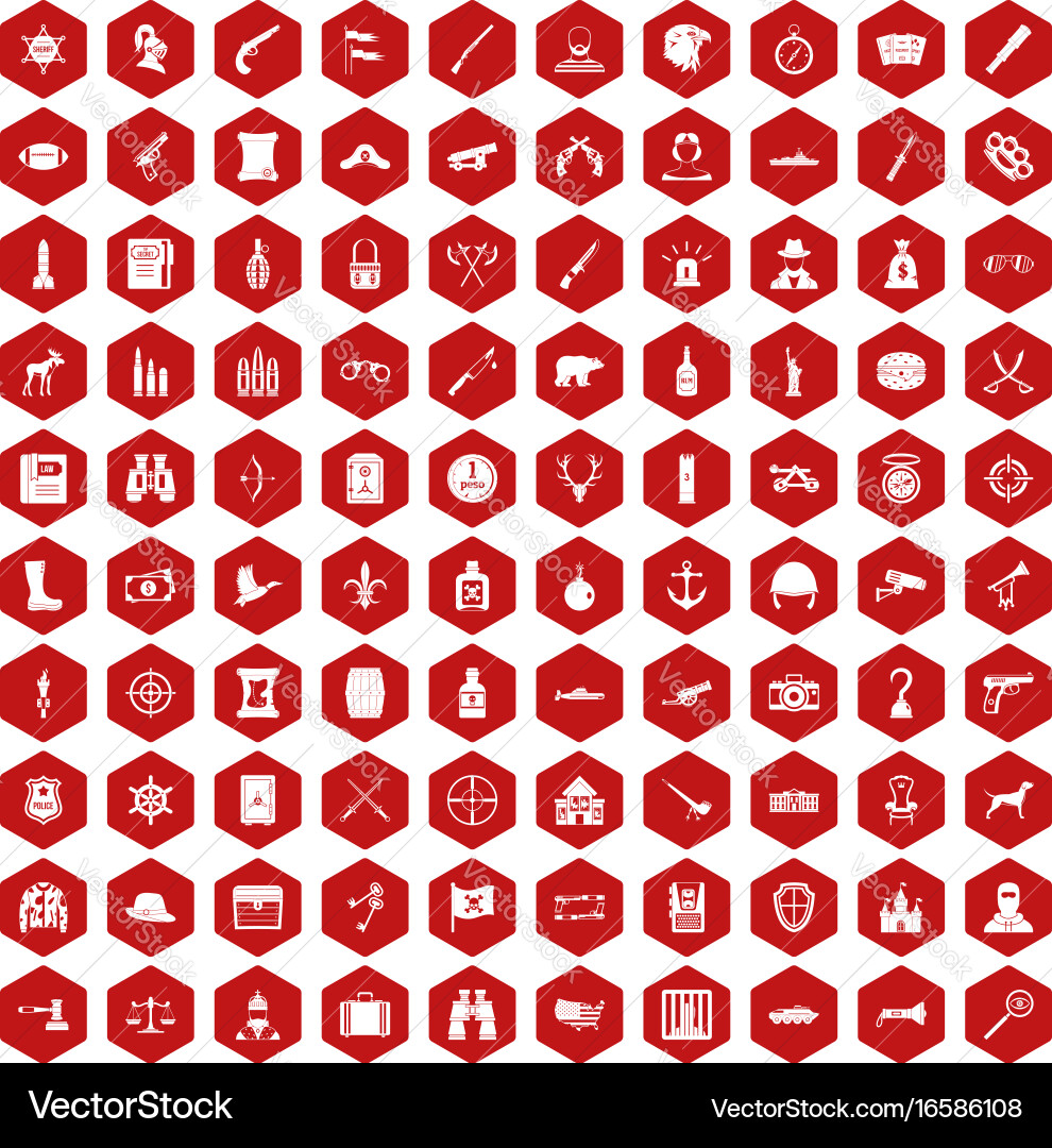 100 guns icons hexagon red Royalty Free Vector Image