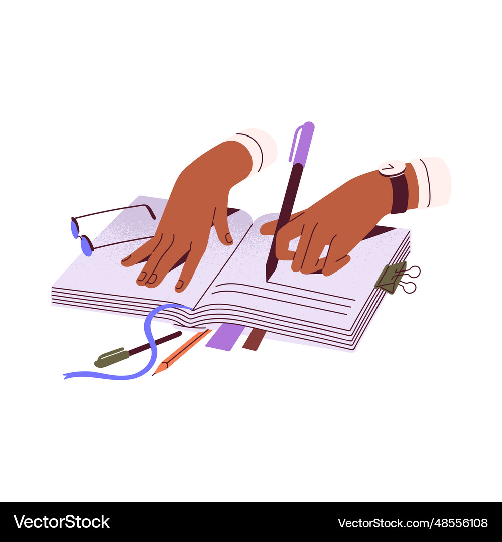 Female hands hold pen writes thoughts in diary Vector Image