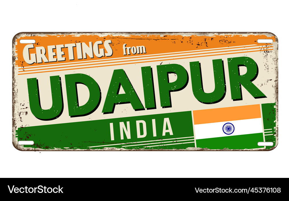 Greetings from udaipur vintage rusty metal plate Vector Image