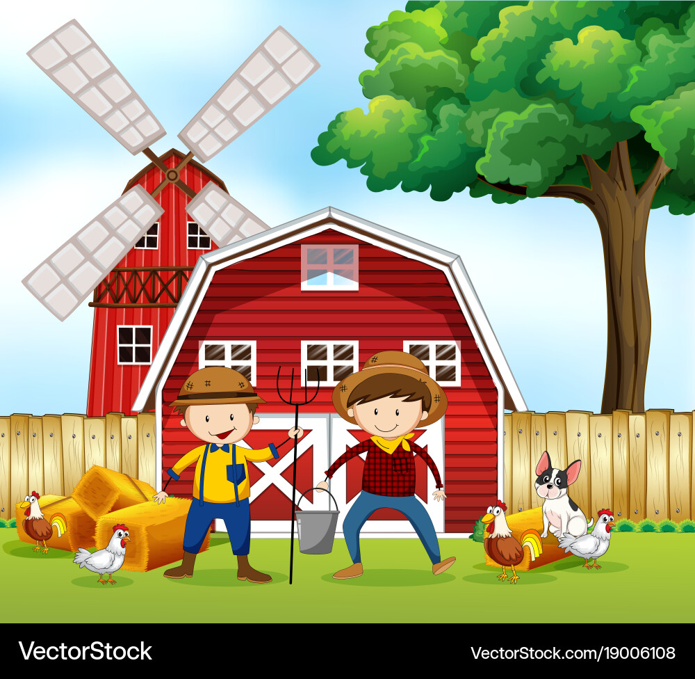 Scene with two farmers and animals Royalty Free Vector Image