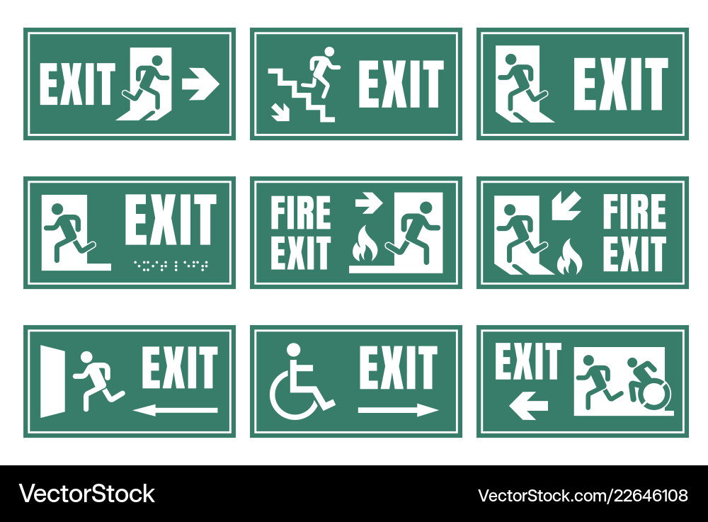 Set of emergensy exit signs fire labels Royalty Free Vector