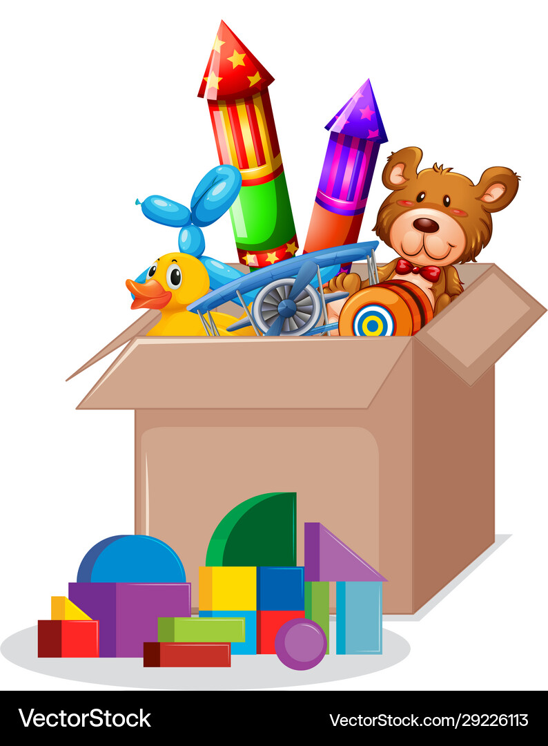 Cardboard box full toys on white background Vector Image