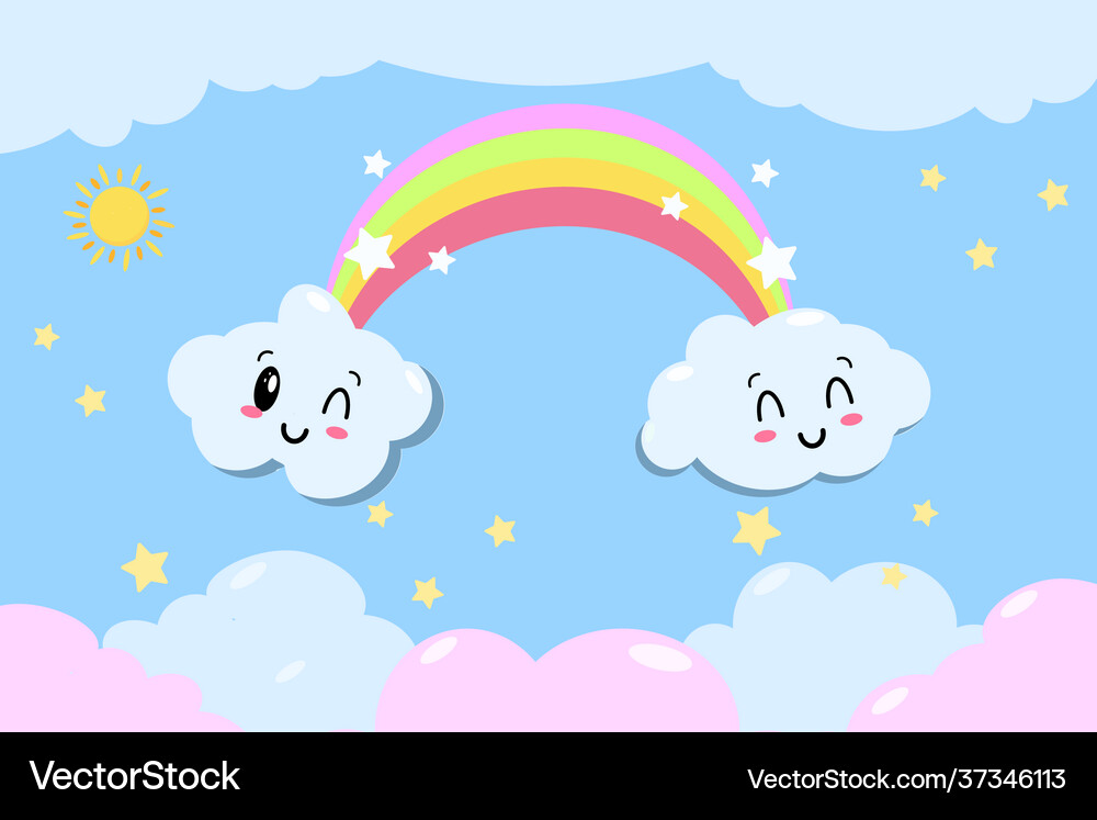 Cute rainbow with clouds and heart - kawaii Vector Image