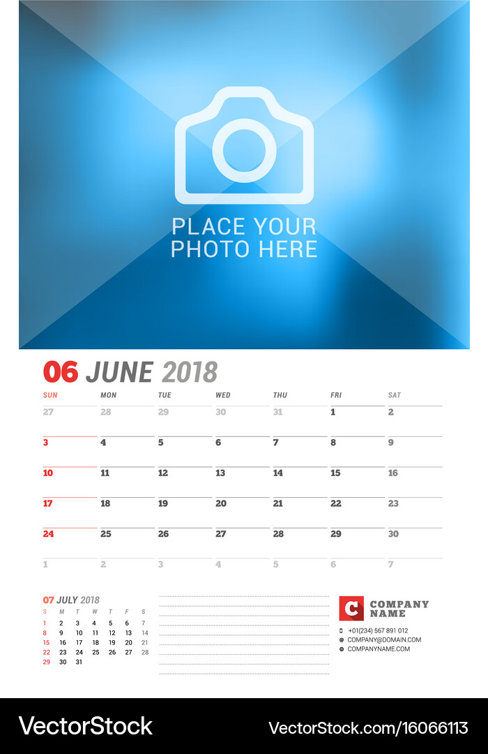 Wall calendar planner for 2018 year june print Vector Image