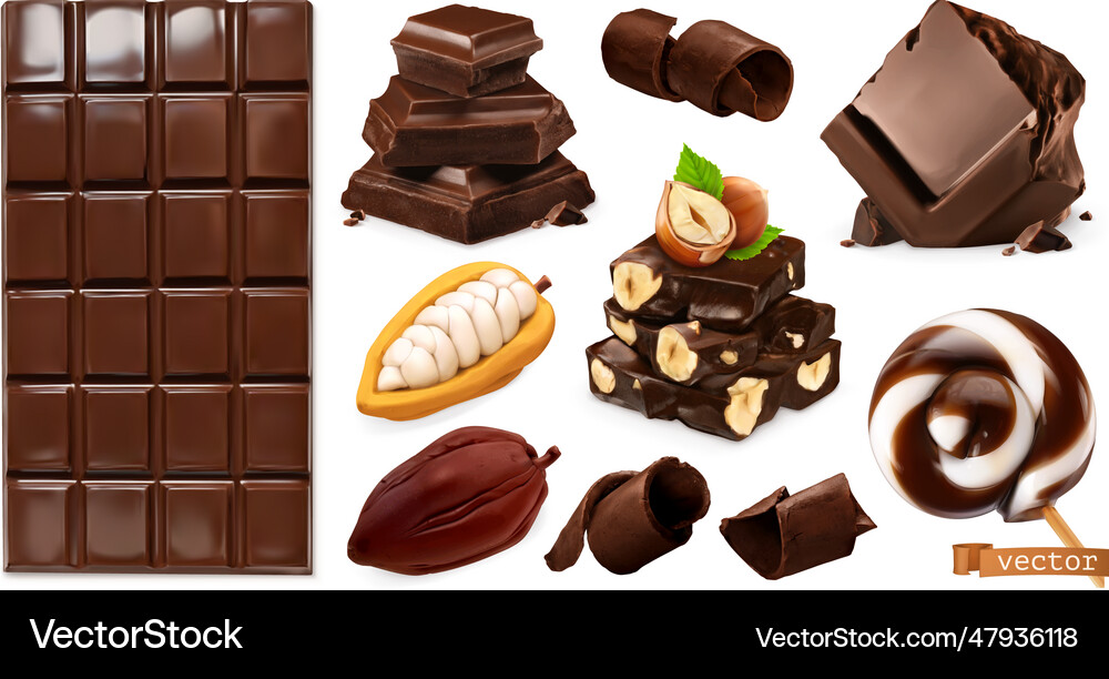 Realistic chocolate chocolate bar candy pieces Vector Image