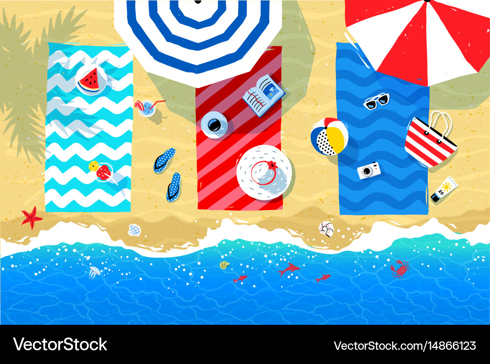 Beach mats and accessories on sand Royalty Free Vector Image