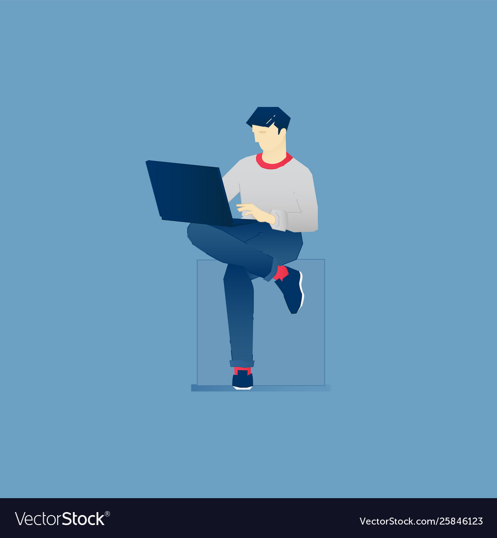 Man sits and works on laptop Royalty Free Vector Image