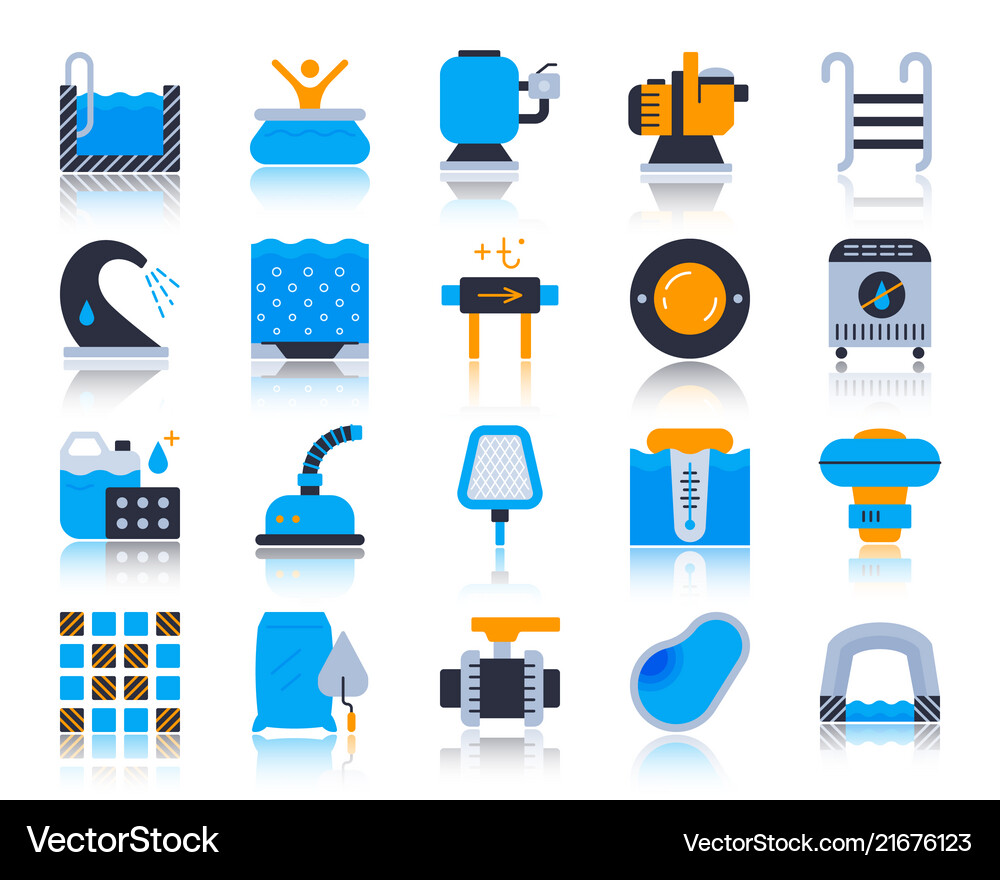 Pool equipment simple flat color icons set Vector Image