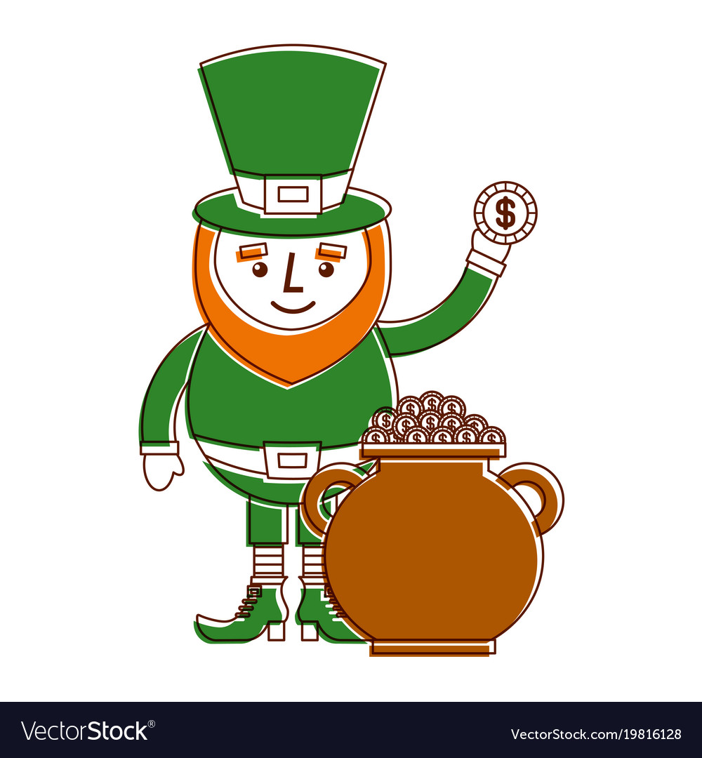 Cartoon leprechaun holding gold coin and pot money