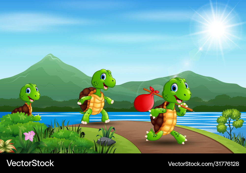 Cartoon three turtles running at road Royalty Free Vector