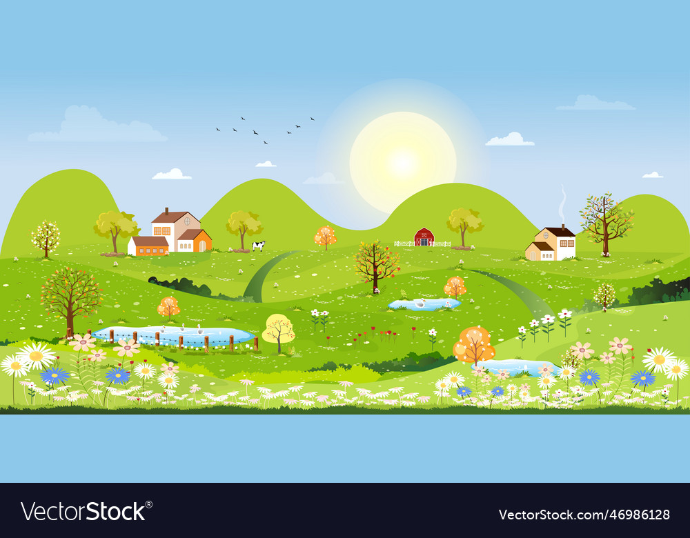 Spring green fields landscape with mountainblue Vector Image
