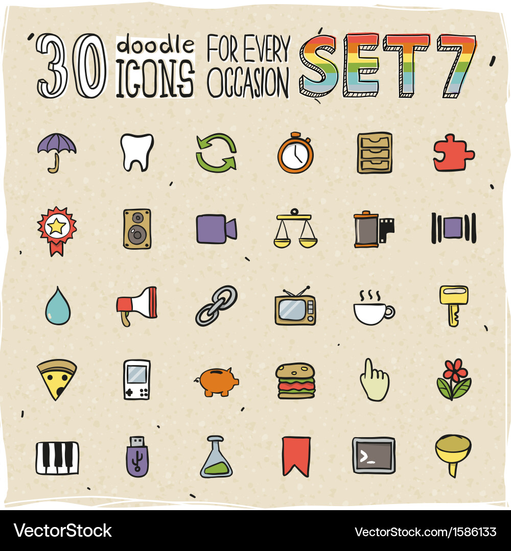 30 colorful doodle icons set 7 Royalty Free Vector Image