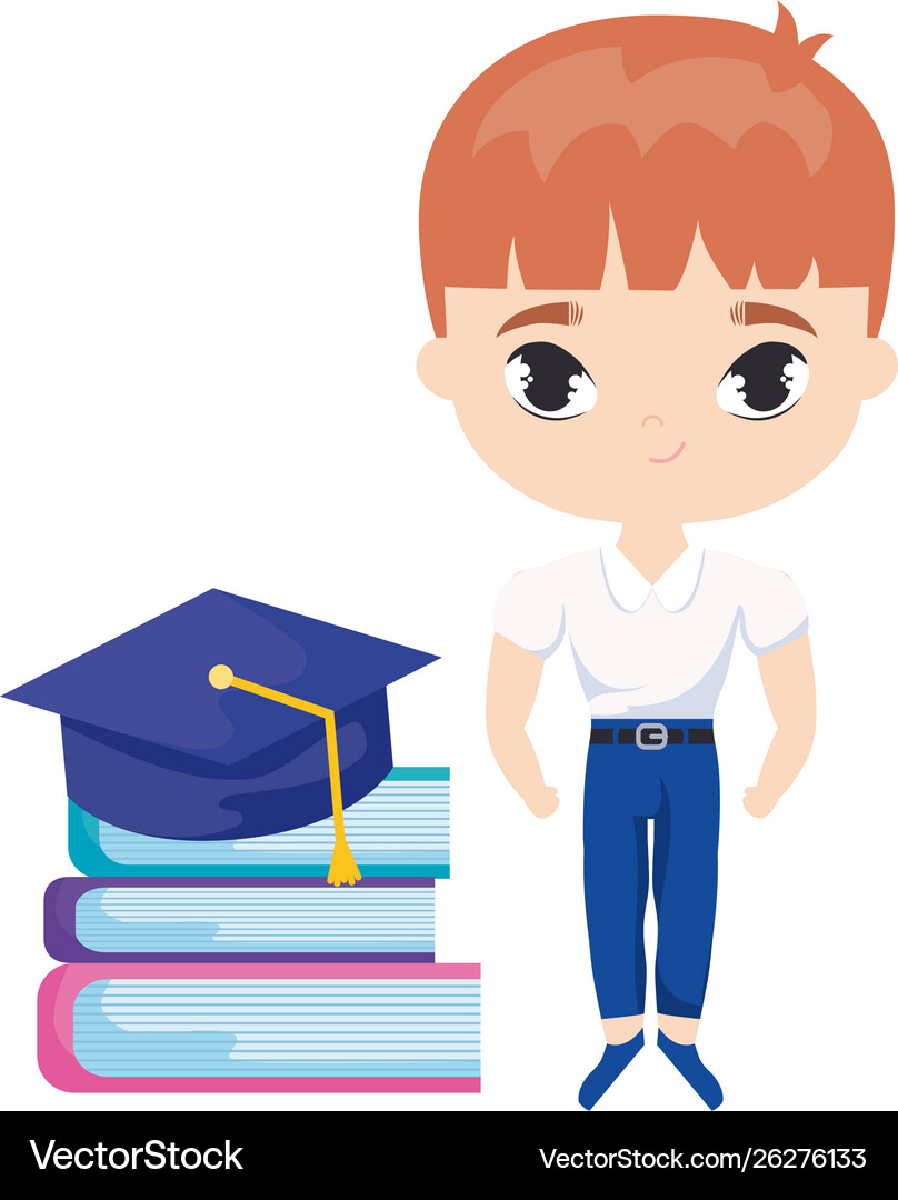 Cute student boy with supplies school Royalty Free Vector