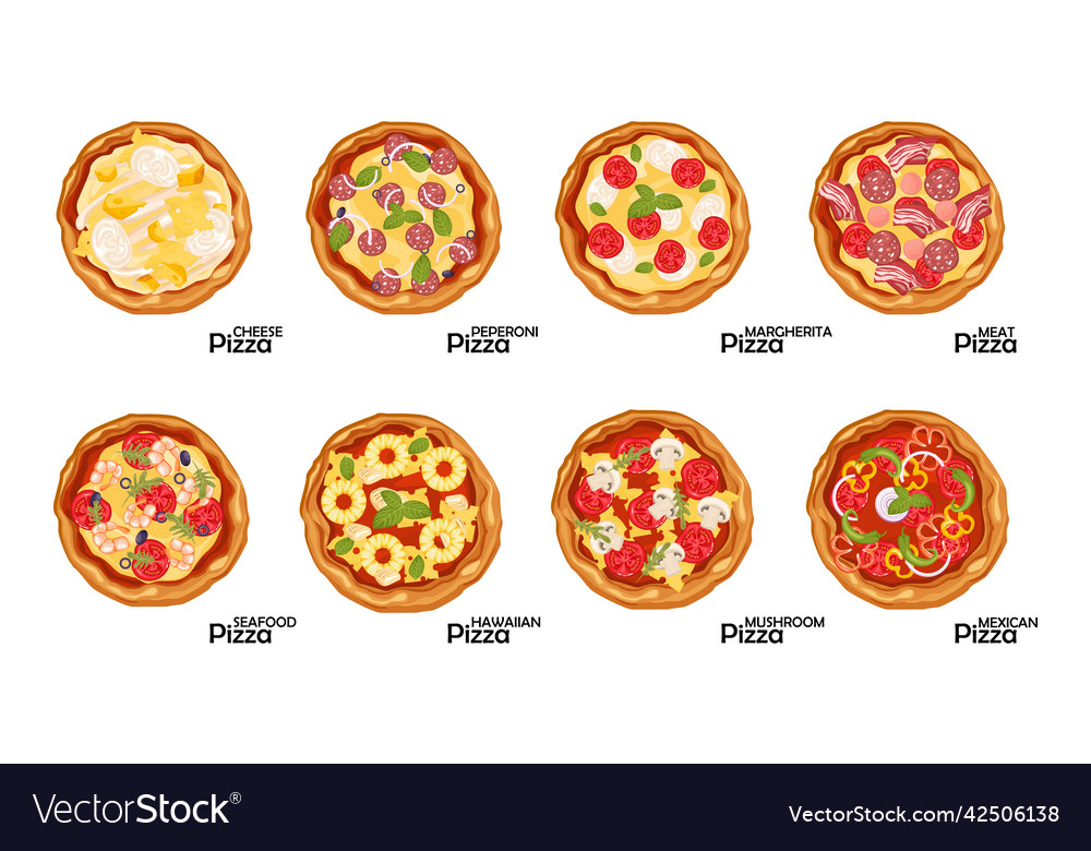 Pizza set delicious fresh fast food Royalty Free Vector