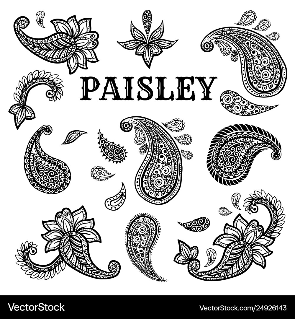 Paisley motifs ink pen set Royalty Free Vector Image