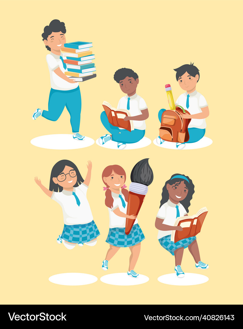 Six back to school kids Royalty Free Vector Image