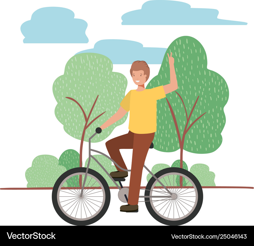 Young man with bicycle in landscape Royalty Free Vector