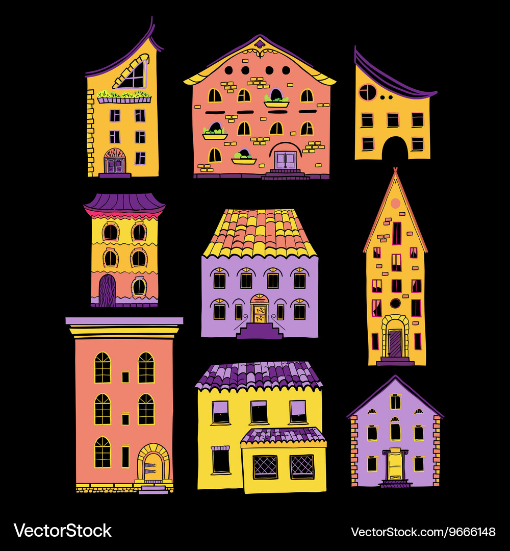 Houses set doodle color Royalty Free Vector Image