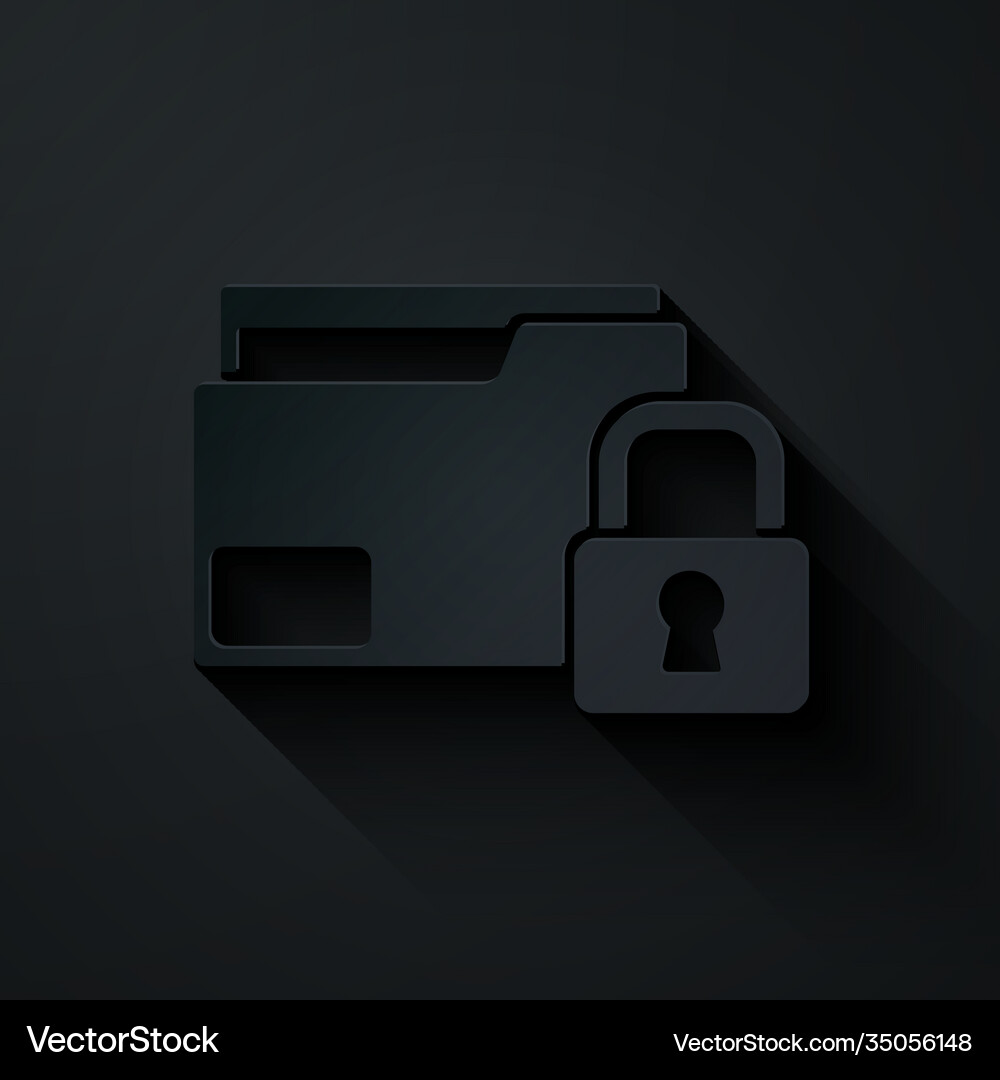 Paper cut folder and lock icon isolated on black Vector Image