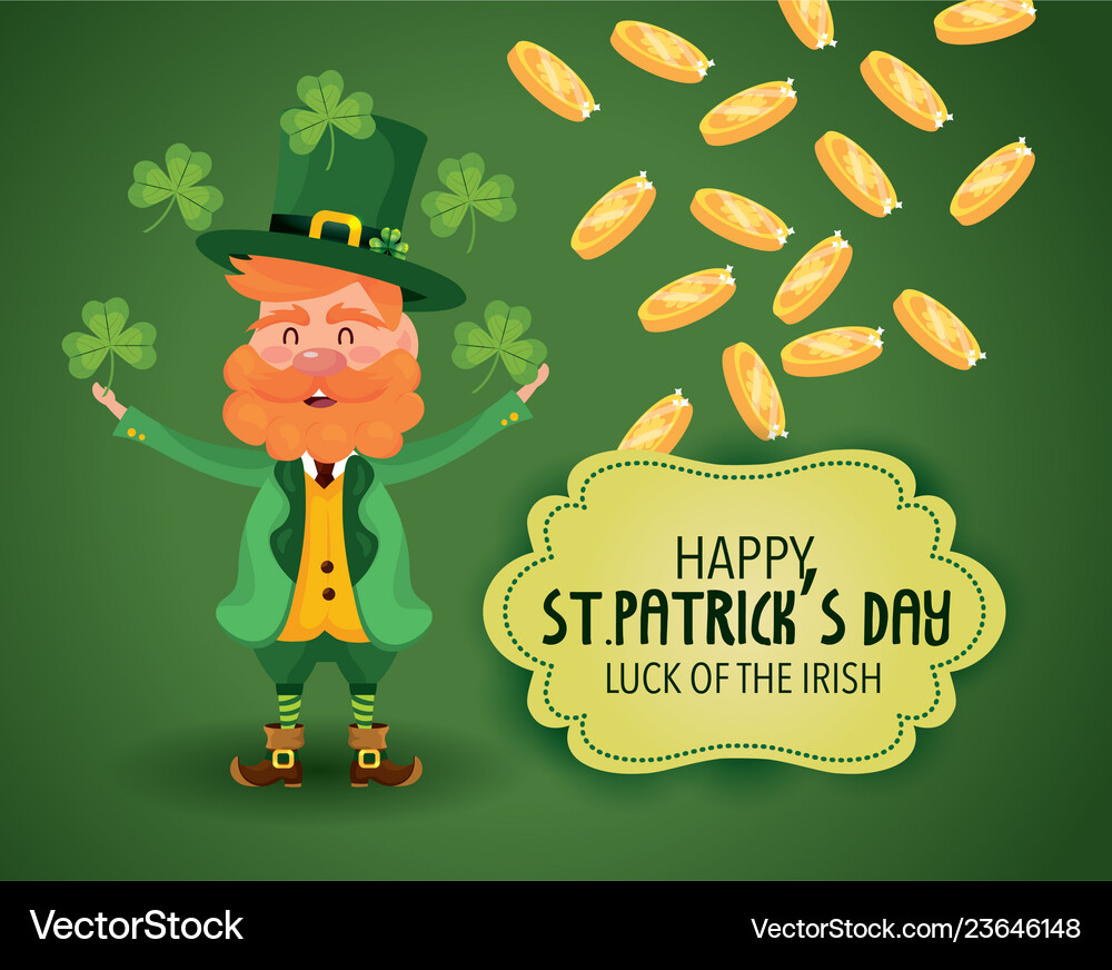 St patrick man with gold coins and label Vector Image