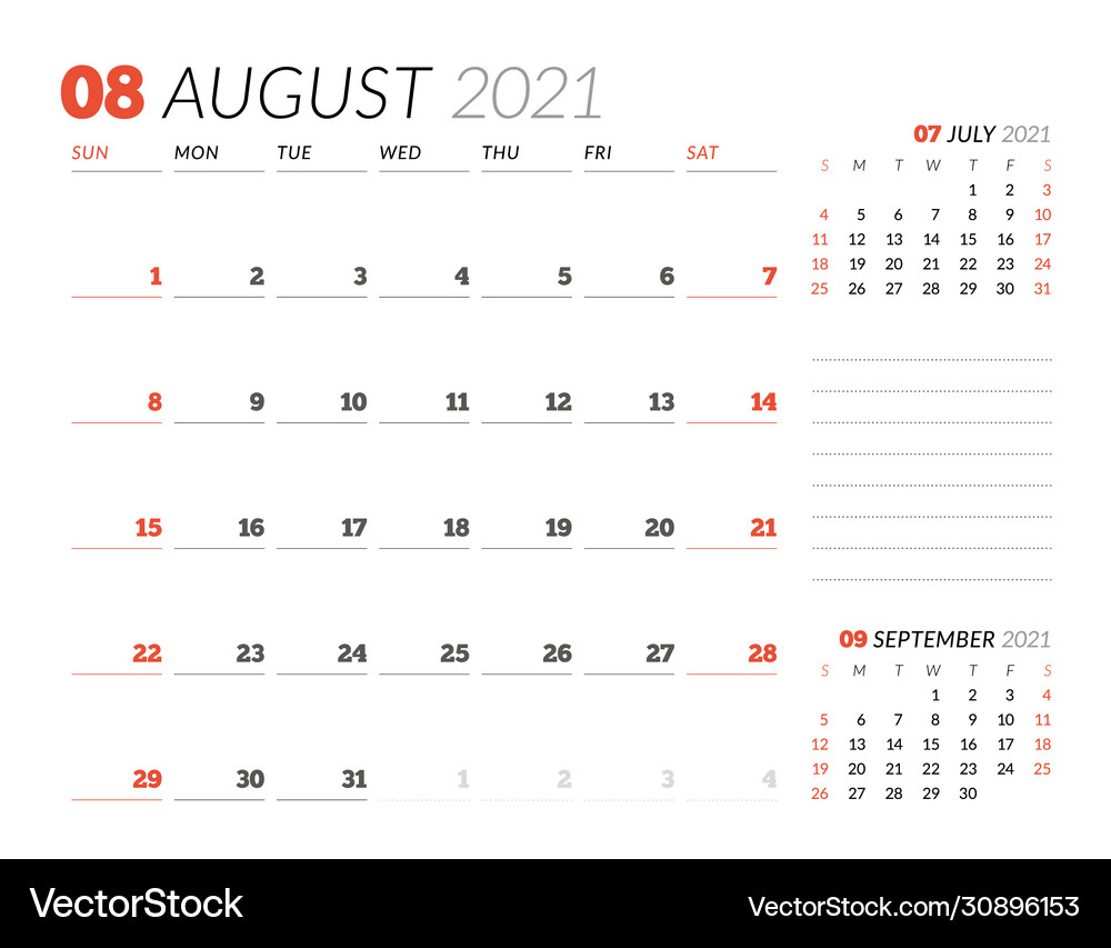 Calendar page for august 2021 monthly planner Vector Image
