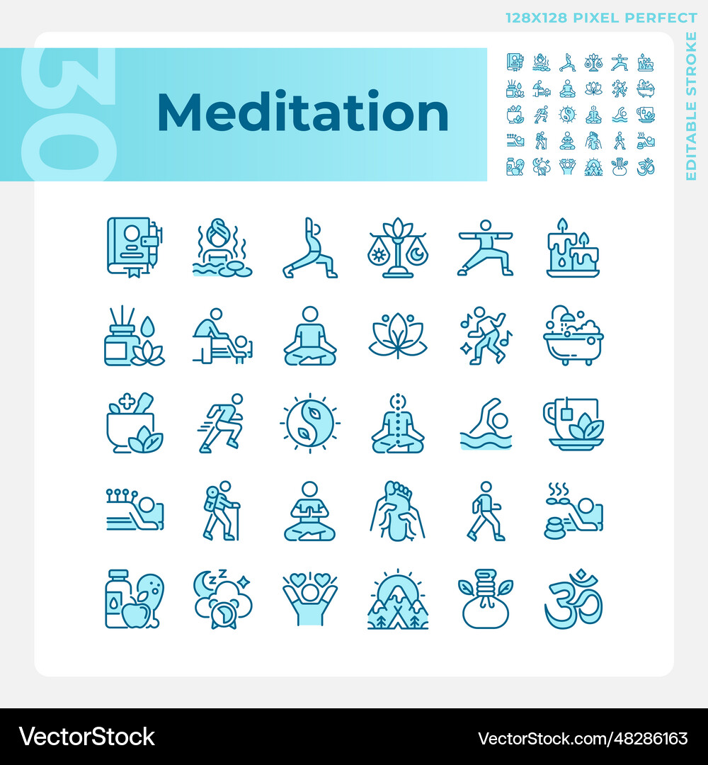 Editable pixel perfect blue meditation icons set Vector Image