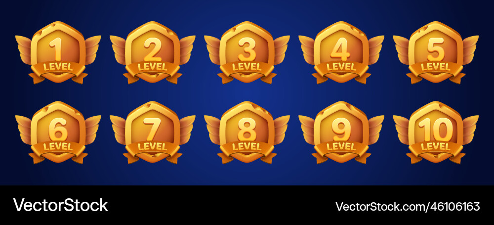 Game gold badges with level number Royalty Free Vector Image