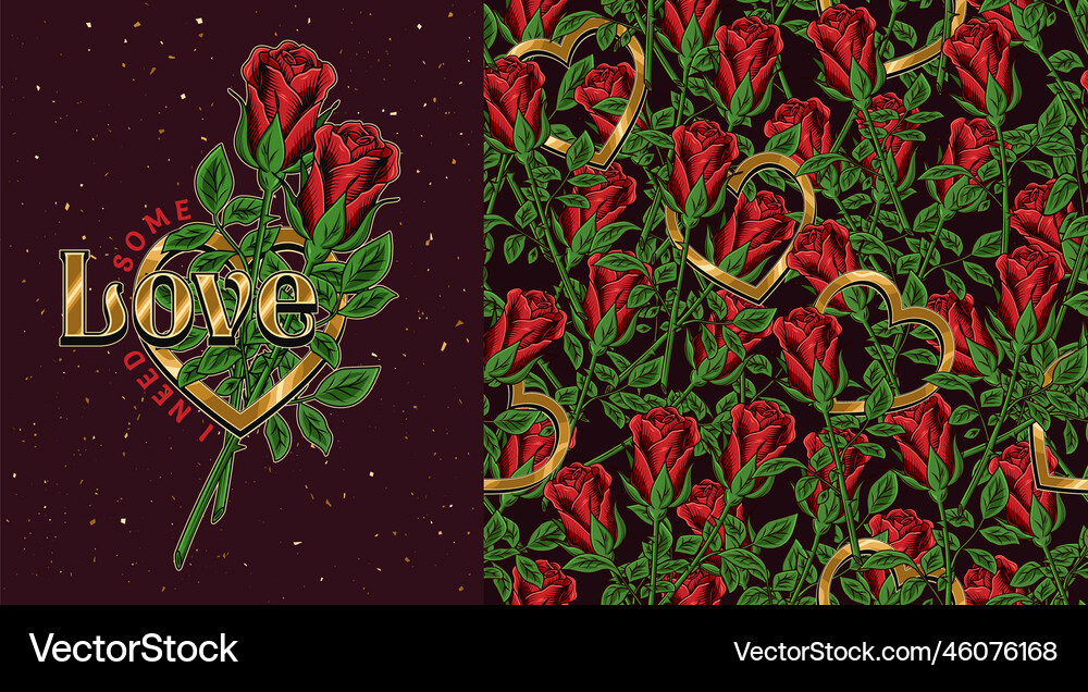 Set of pattern label with red roses heart Vector Image
