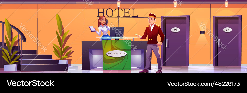 Hotel reception lobby with staff in uniform Vector Image