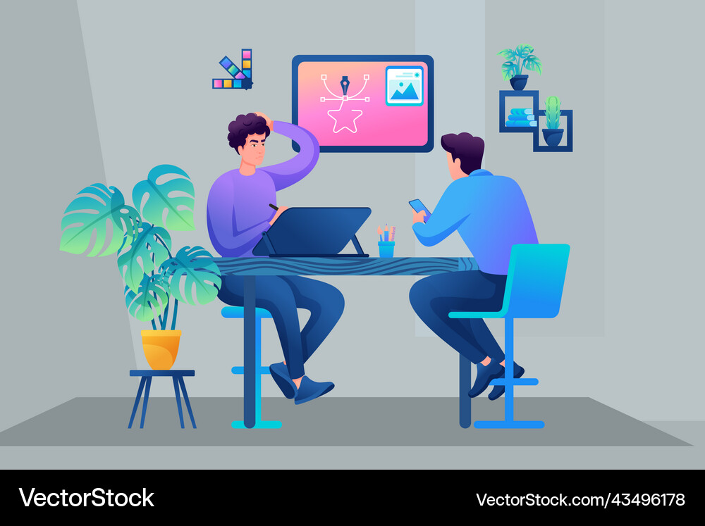 Designer and the customer discuss sketch Vector Image