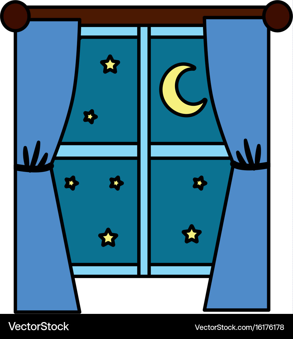 Window with curtain night and moon with star Vector Image