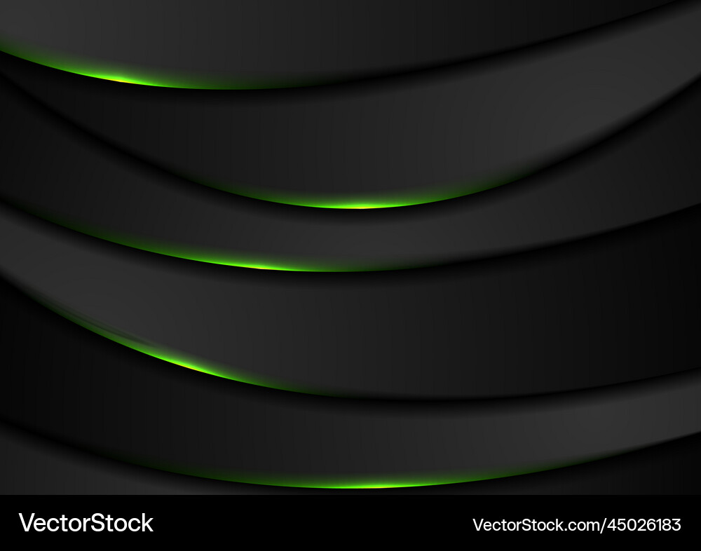 Black abstract wavy background with green neon Vector Image
