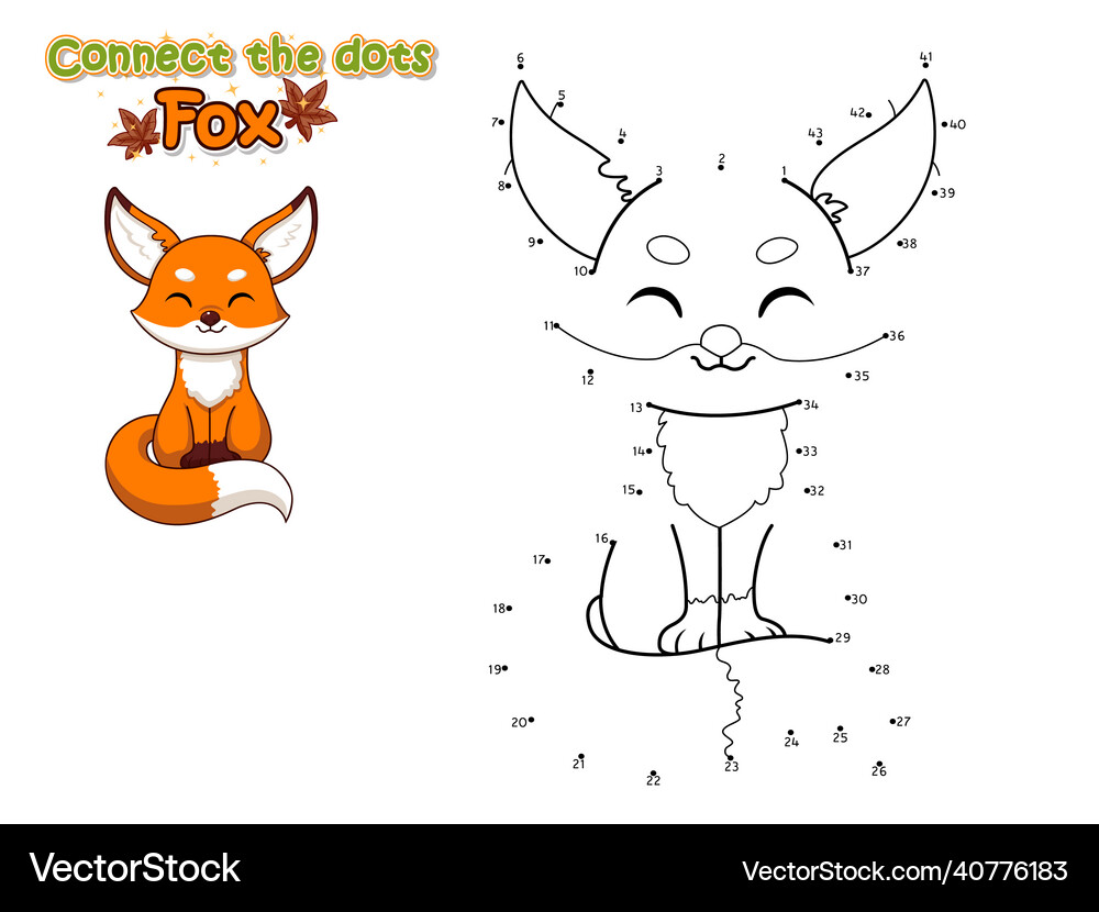 Connect the dots and draw cute cartoon fox Vector Image