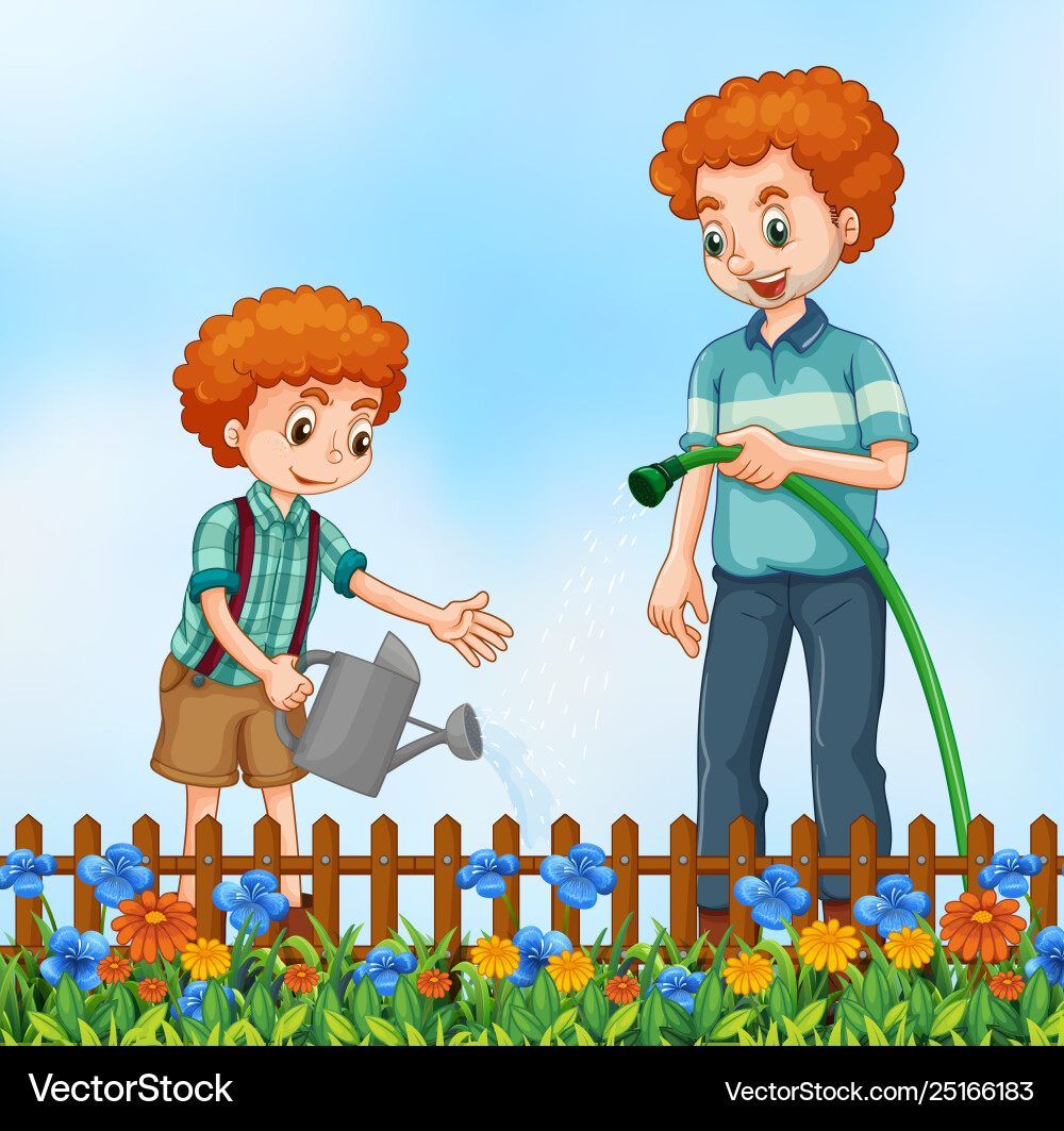 Father nad son watering garden Royalty Free Vector Image