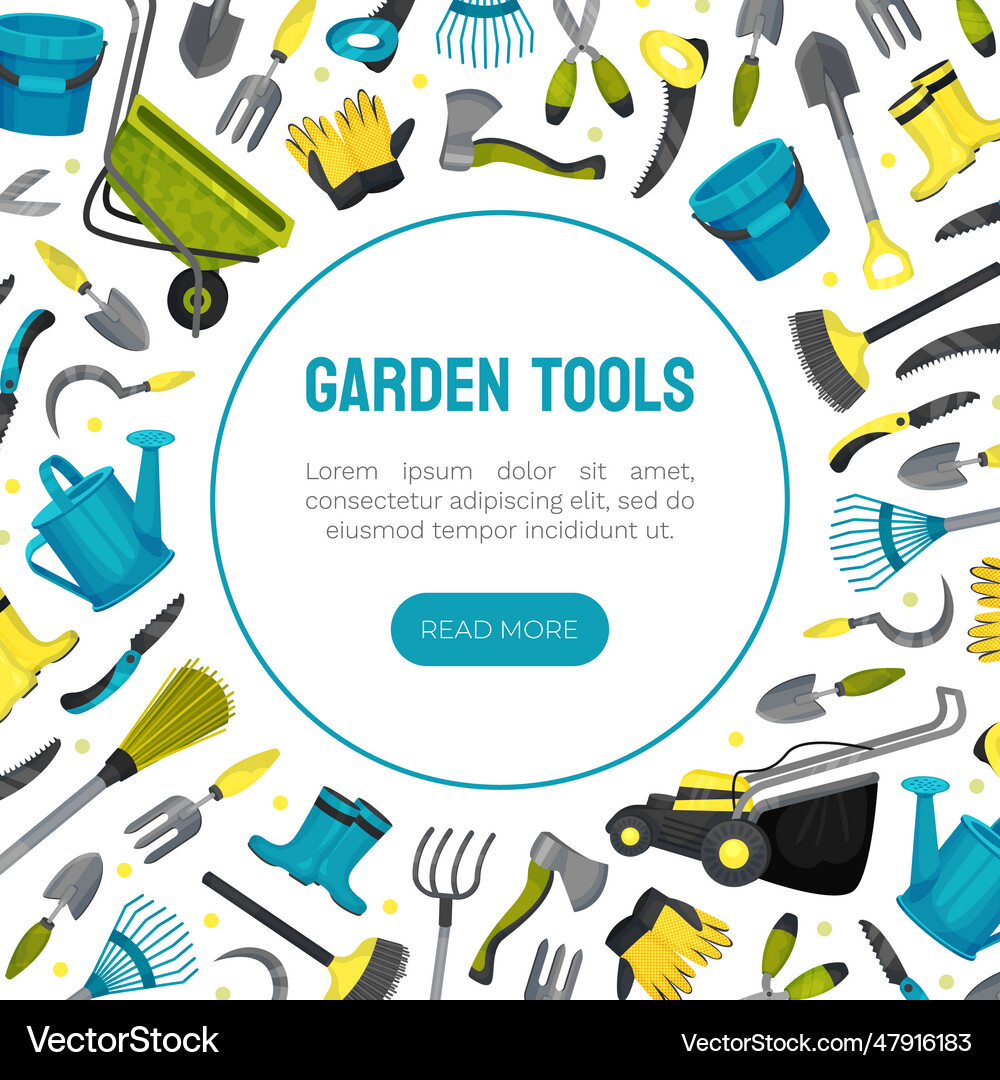 Garden tools banner design with handy instrument Vector Image