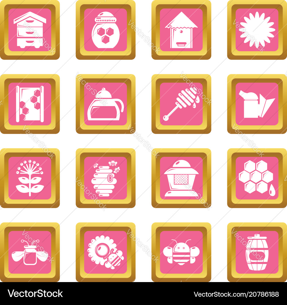 Apiary honey icons set pink square Royalty Free Vector Image