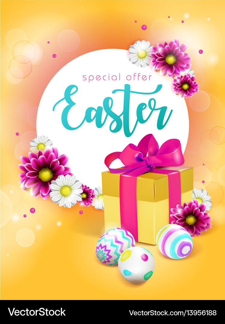 Easter card with gift box eggs and flowers Vector Image
