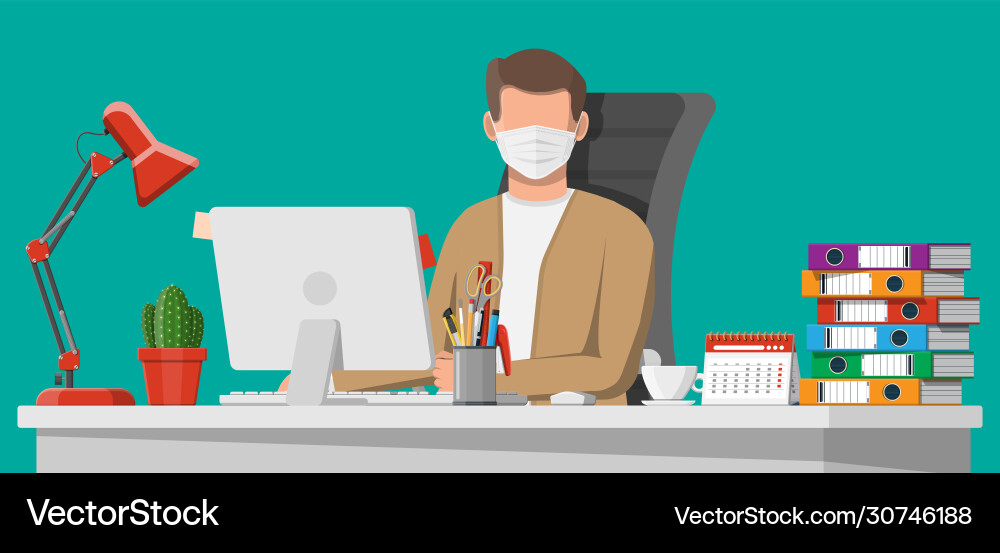 Man in medical mask working on his computer Vector Image