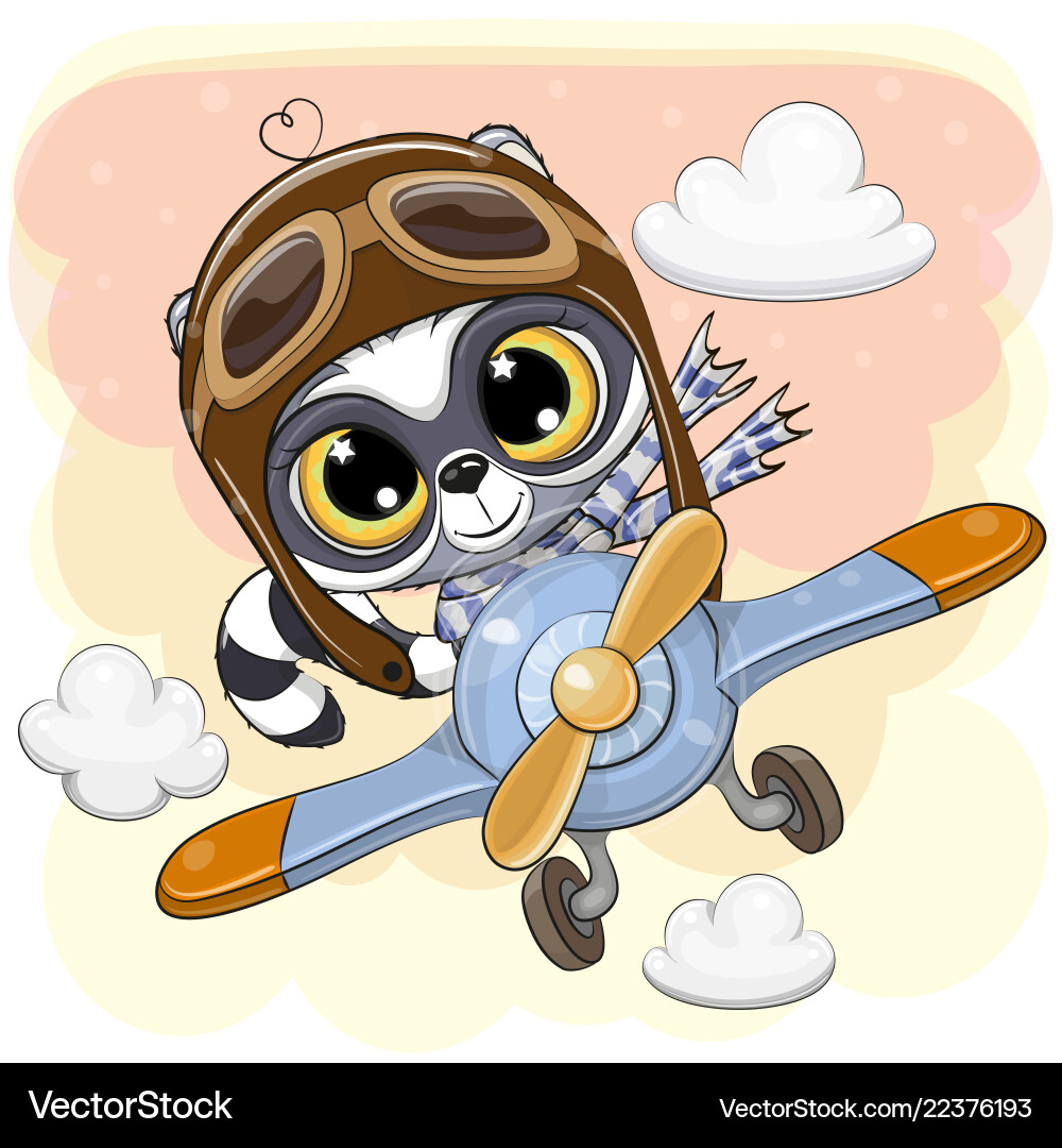 Cute raccoon is flying on a plane Royalty Free Vector Image