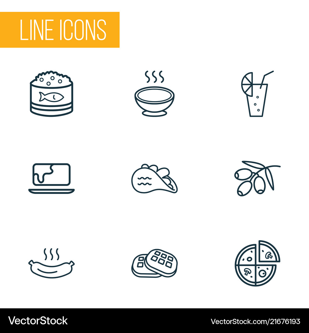 Eating icons line style set with pizza olive Vector Image