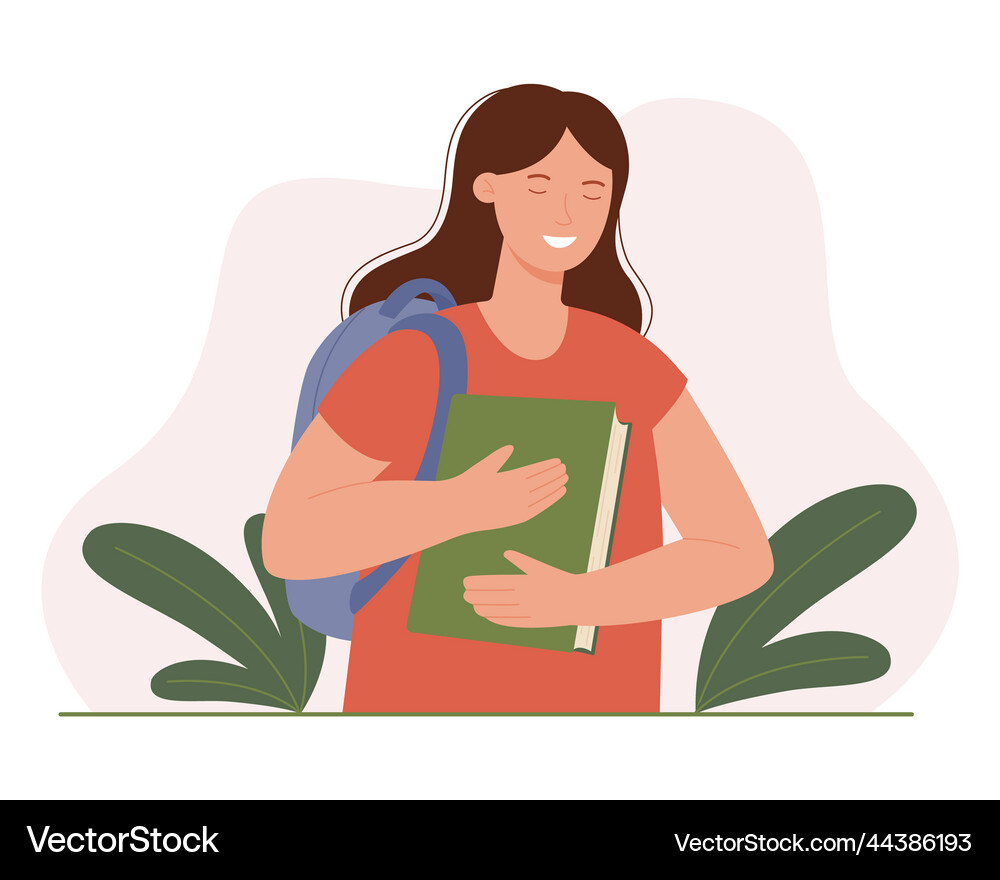 Female student wears a backpack and holds a book Vector Image