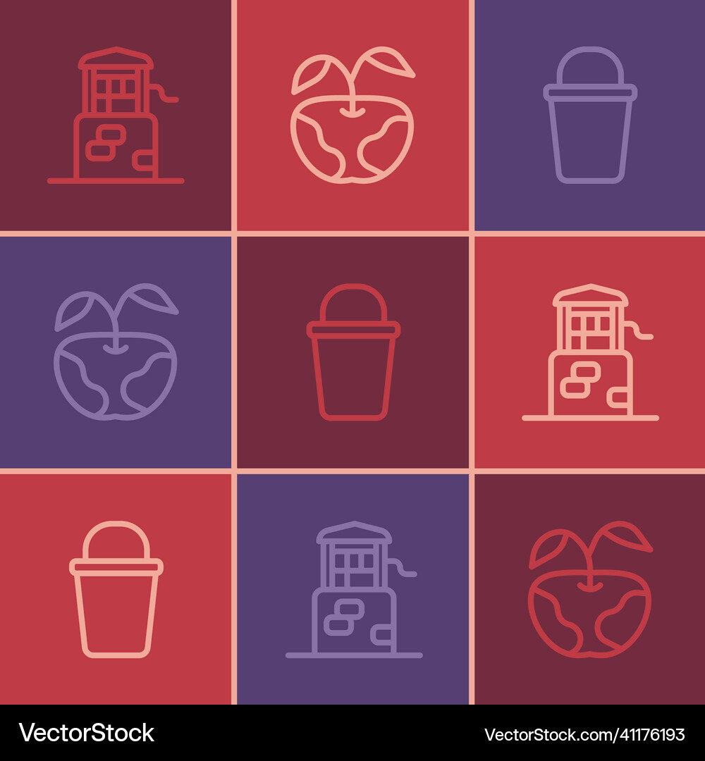Set line well bucket and apple icon Royalty Free Vector