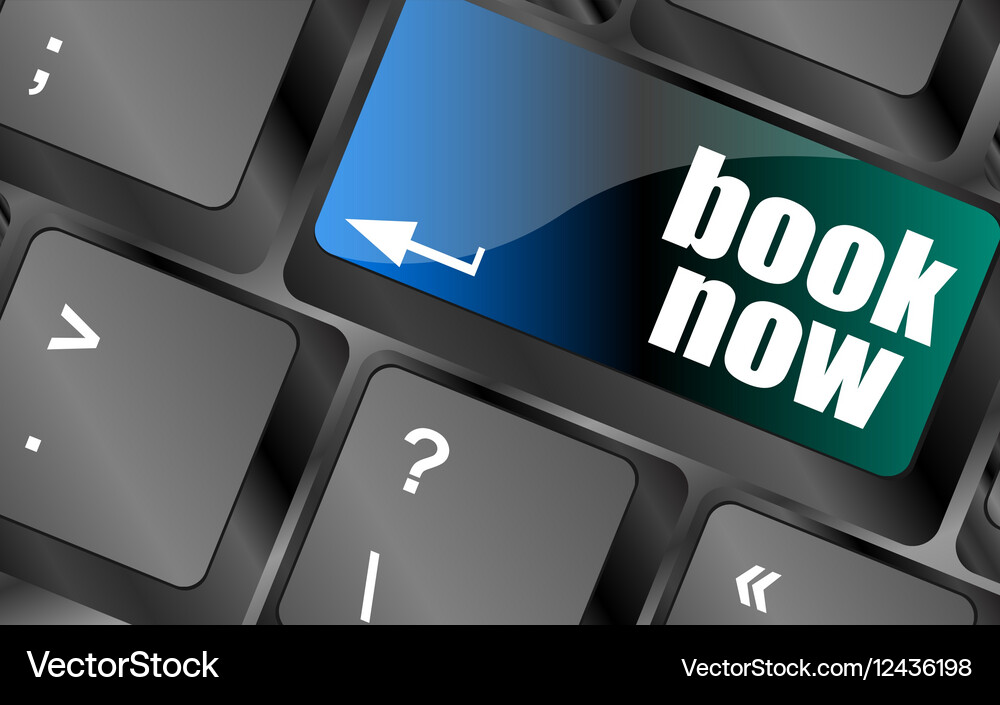 Book now button on computer keyboard closeup Vector Image