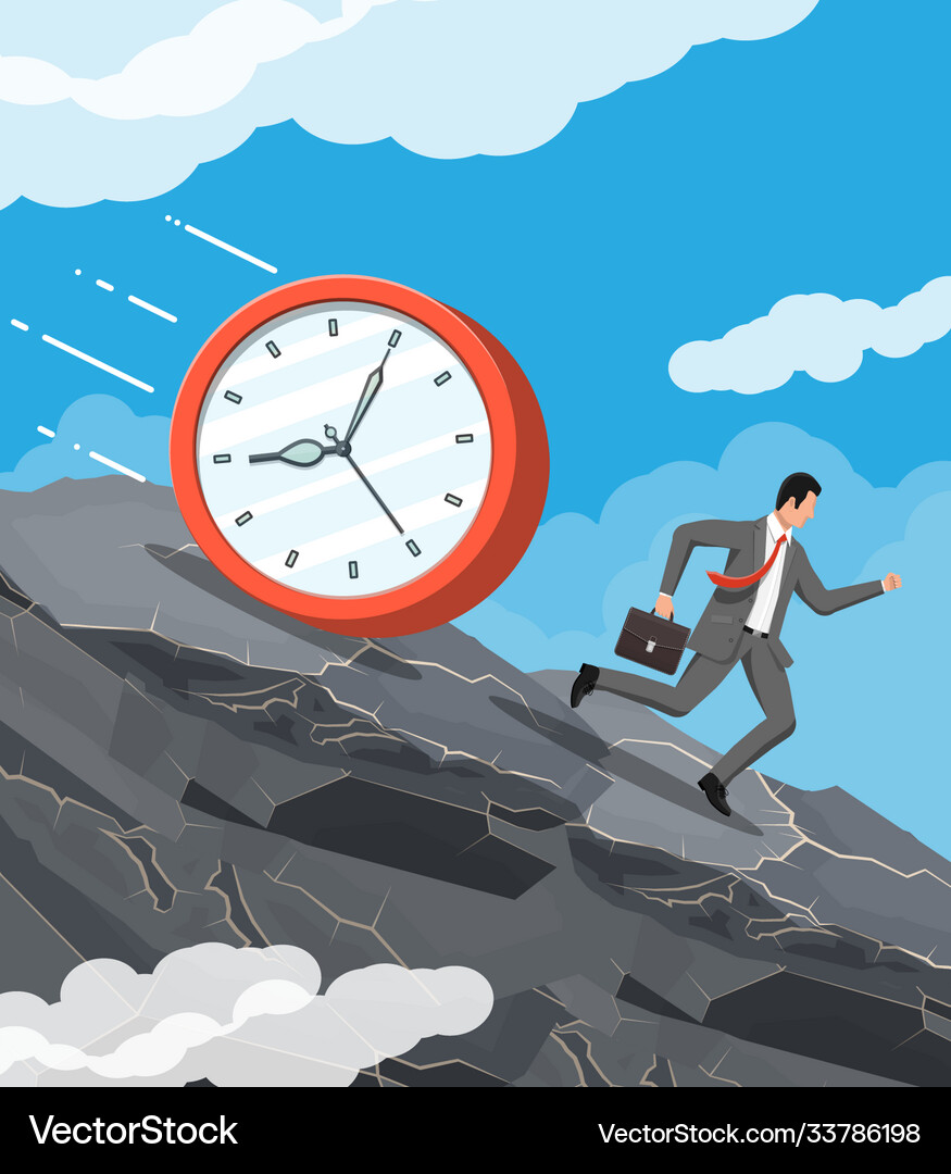 Businessman is fast running from big clock Vector Image