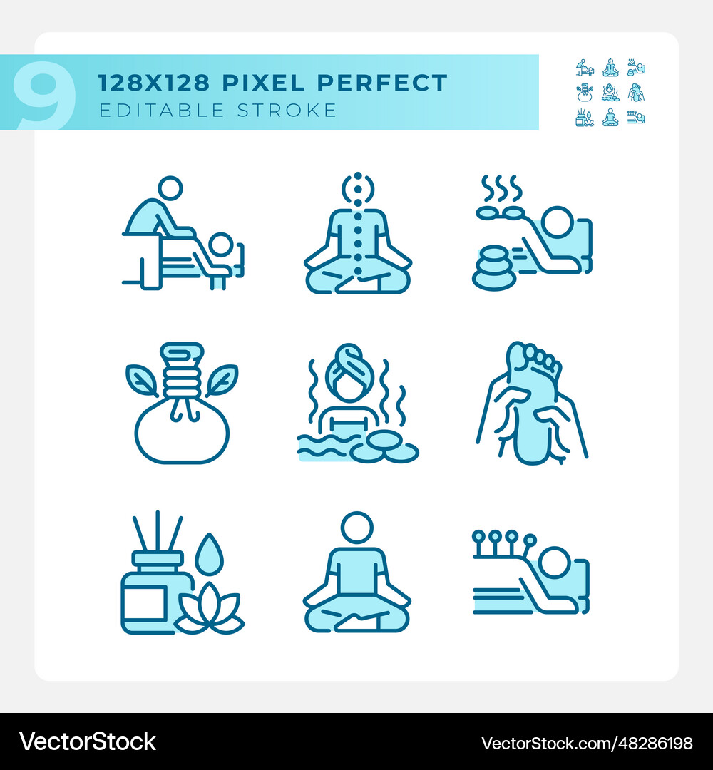 Editable blue meditation icons set Royalty Free Vector Image