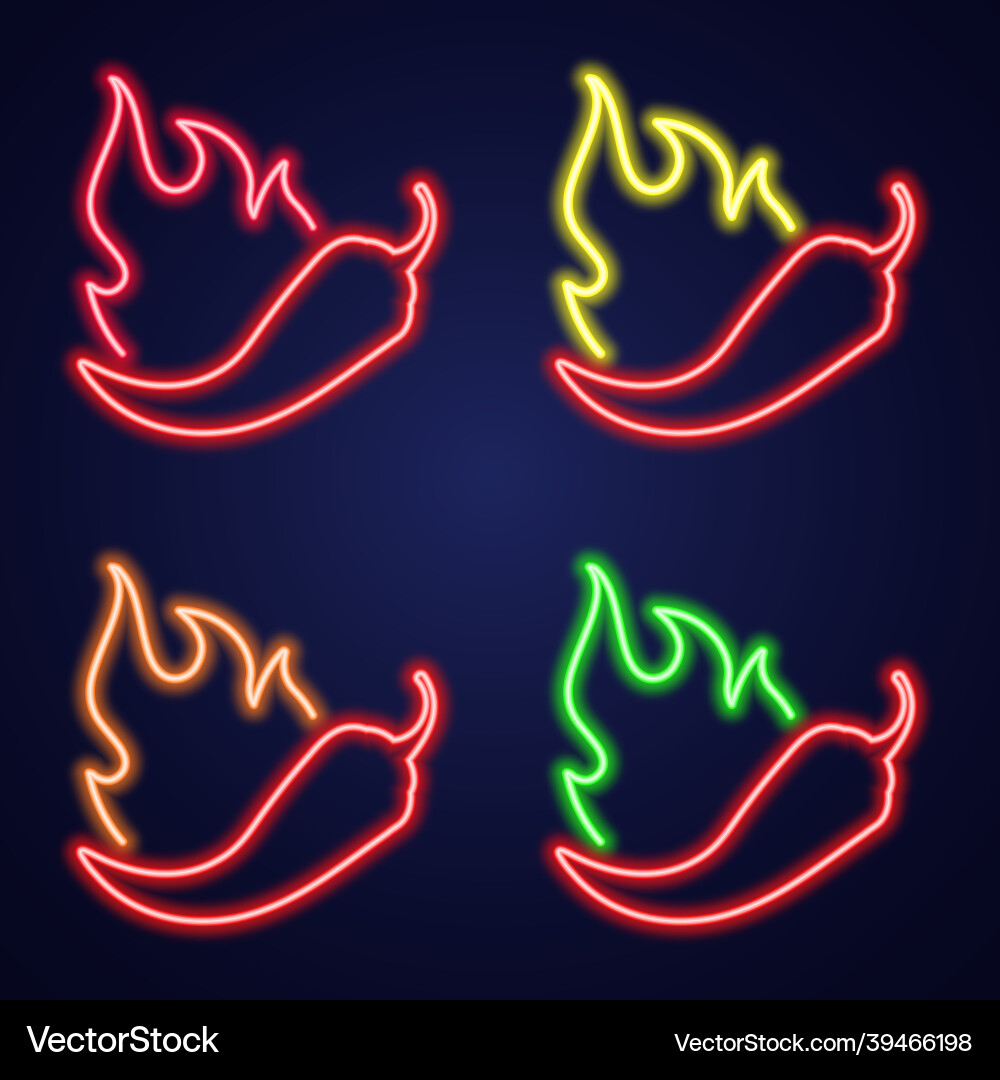 Neon icon set chilli with fire signboard hot Vector Image