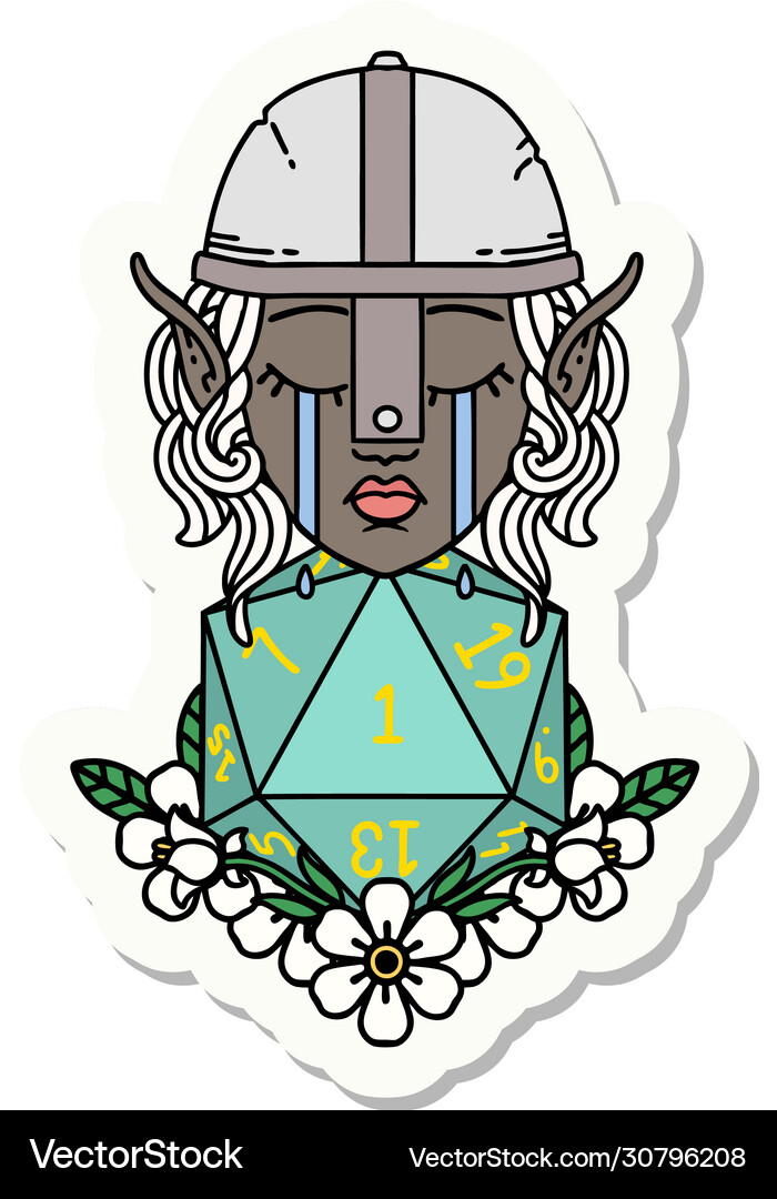 Sad elf fighter character with natural one d20 Vector Image