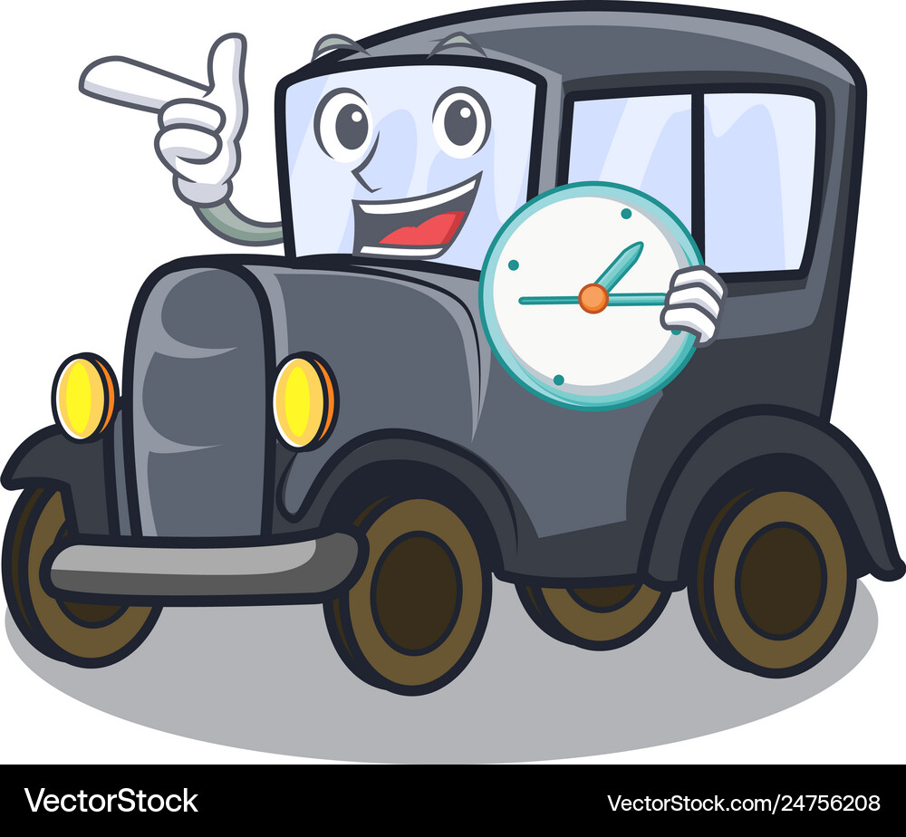 With clock old car isolated in cartoon Royalty Free Vector