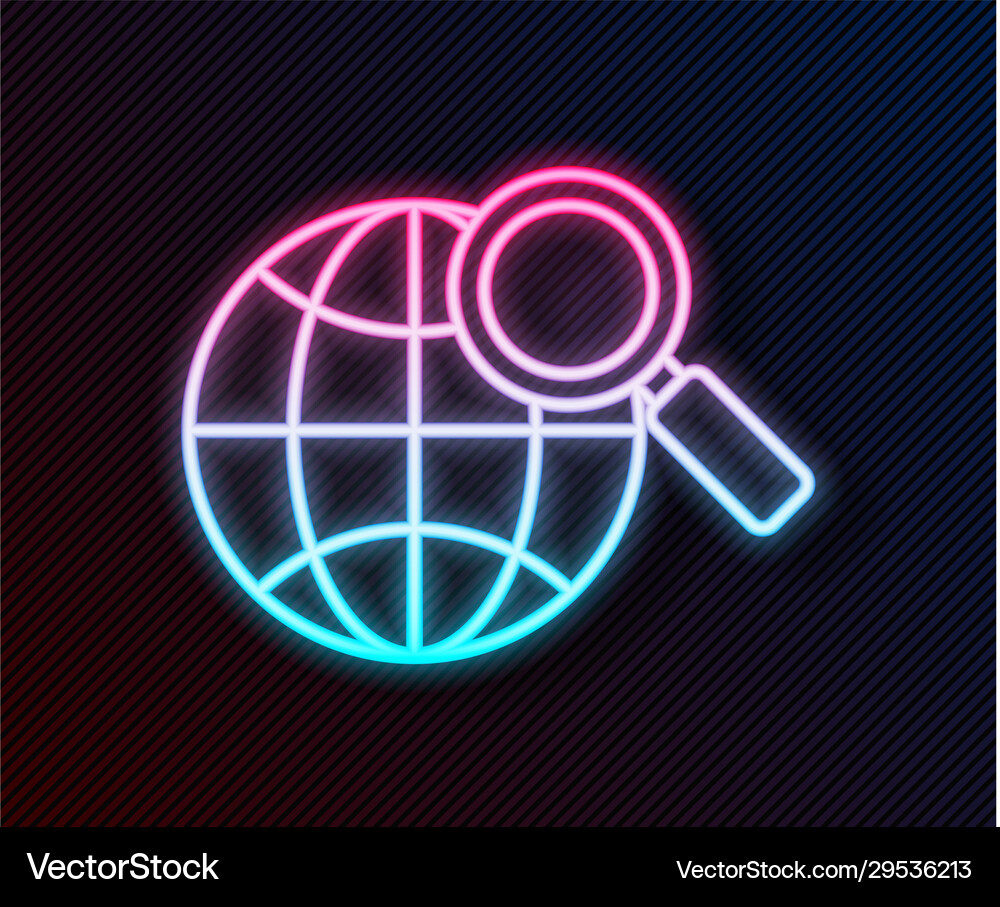 Glowing neon line magnifying glass with globe icon